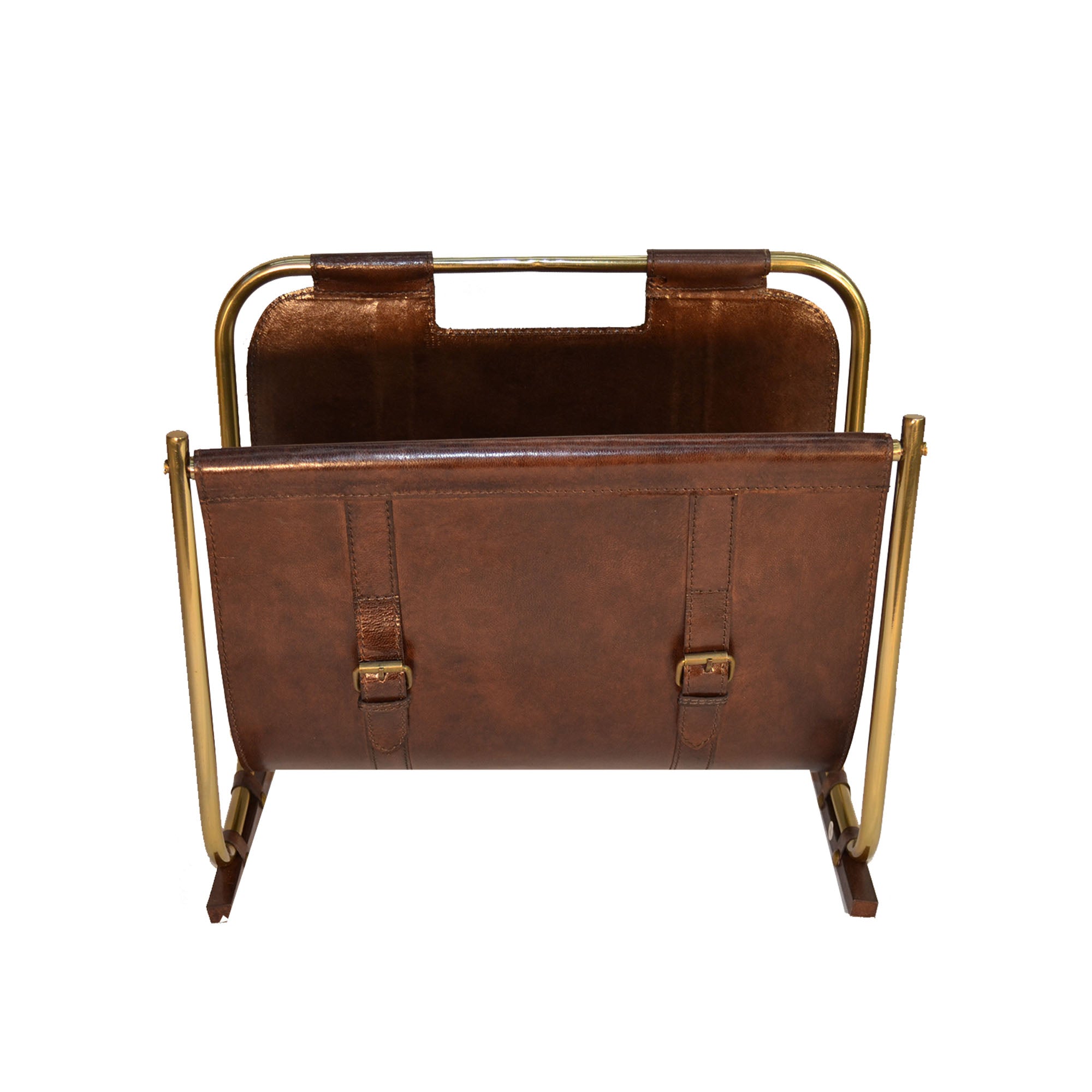 Leather Magazine Stand Metal Frame - Dark Brown | DCOR